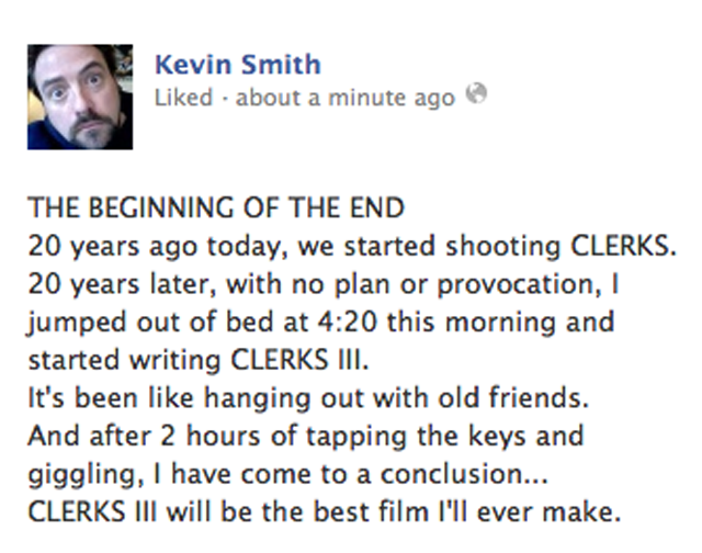 Kevin Smith Reveals on Facebook That He's Writing Clerks 3